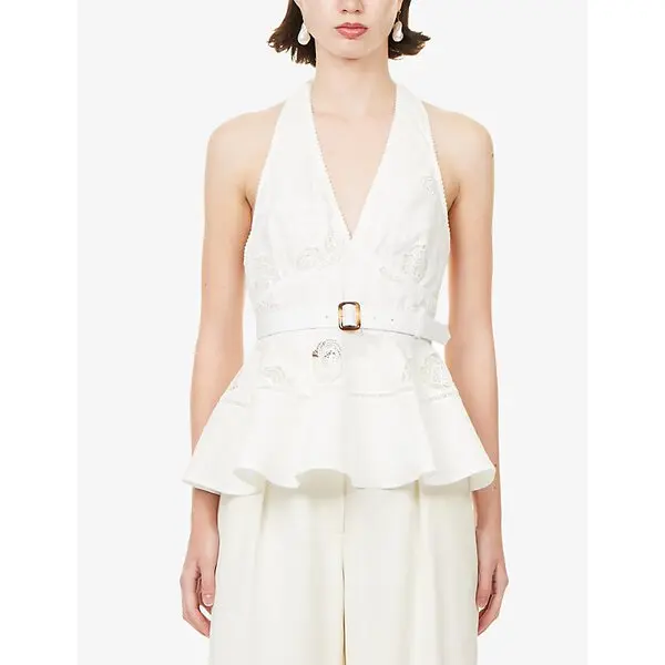 SELF-PORTRAIT Halter-neck Peplum Embroidered Linen-blend Top