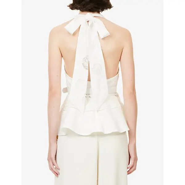 SELF-PORTRAIT Halter-neck Peplum Embroidered Linen-blend Top