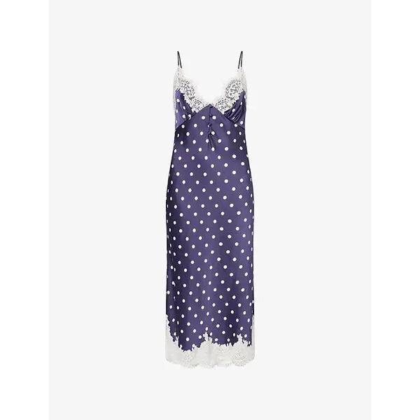 SELF-PORTRAIT Lace-trim Polka-dot Satin Midi Dress - Navy