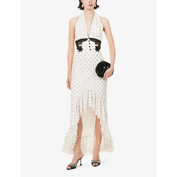 SELF-PORTRAIT Polka Dot Halter Neck Woven Midi Dress
