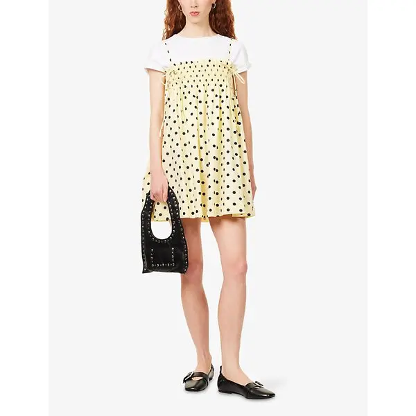 DAMSON MADDER Shirred Dot-print Cotton Mini Dress