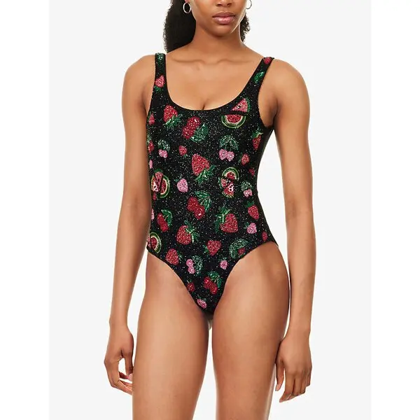 OCEANUS Embellished Fruit Print Scoop Neck Swimsuit
