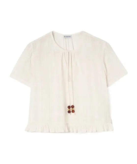 Burberry Check Cotton Voile Blouse With Ruffles And Drawstring Detail - Chalk White