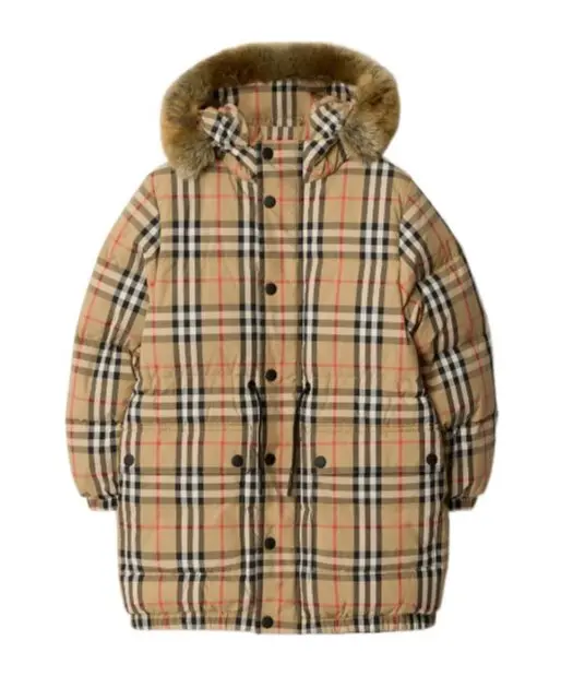 Burberry Faux Fur Trim Check Nylon Puffer Coat - Sand Beige