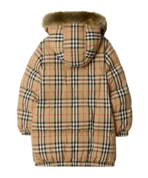 Burberry Check Nylon Puffer Coat With Faux Fur Trim