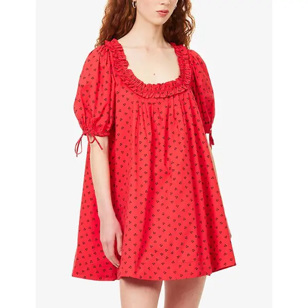 DAMSON MADDER Cotton Mini Dress With All-over Print And Drawstring Cuffs