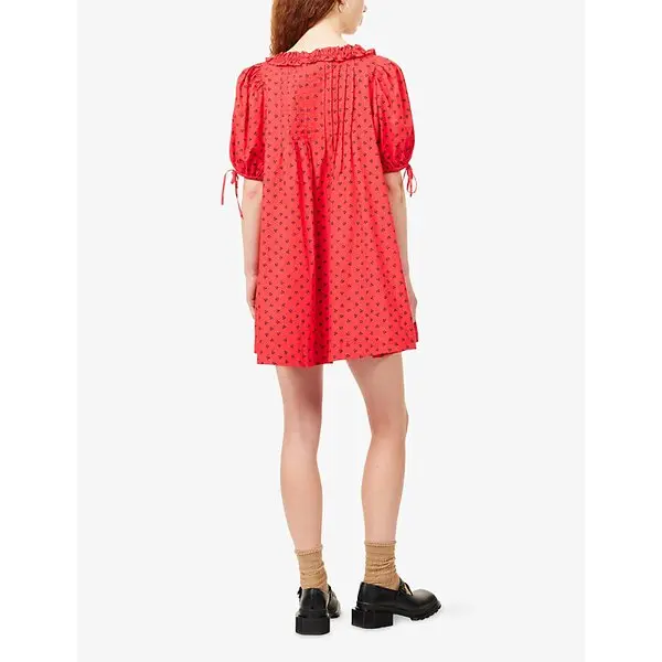 DAMSON MADDER Cotton Mini Dress With All-over Print And Drawstring Cuffs