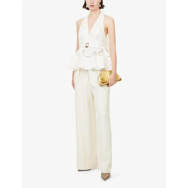 SELF-PORTRAIT Halter-neck Peplum Linen-blend Top