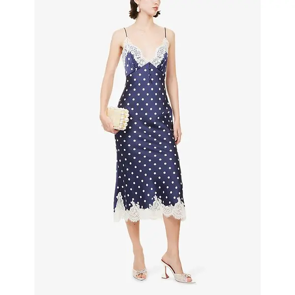 SELF-PORTRAIT Lace-trim Polka Dot Satin Midi Dress