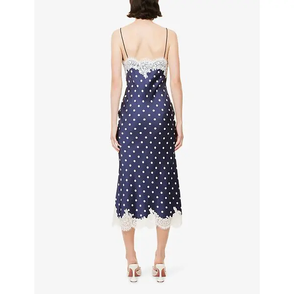 SELF-PORTRAIT Lace-trim Polka Dot Satin Midi Dress