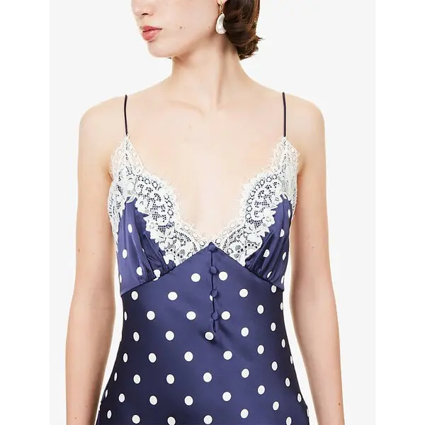 SELF-PORTRAIT Lace-trim Polka Dot Satin Midi Dress