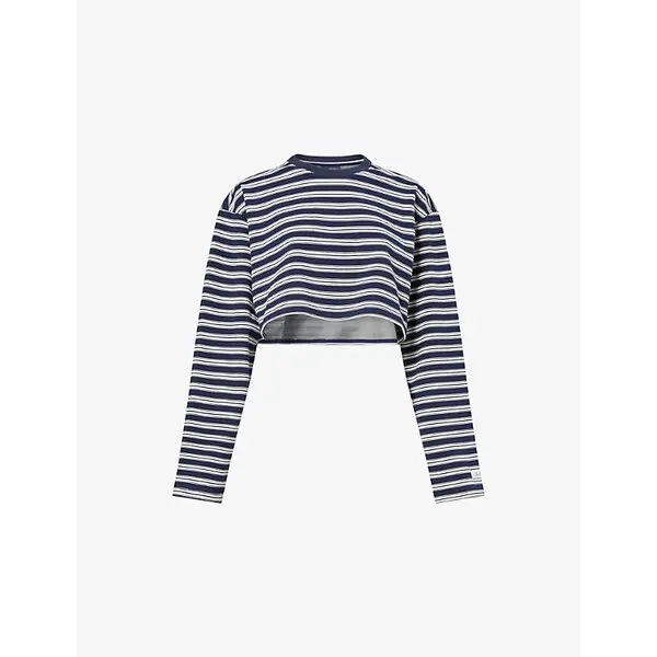 RU & ROCKA Striped Cropped Stretch-cotton T-shirt - Navy