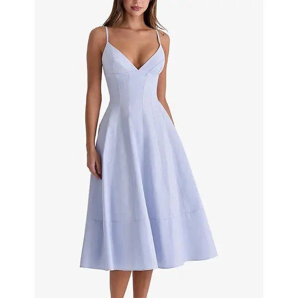 house of cb blue dress Millie Plunge-Neck Stretch-Cotton Midi - Strapless Size:One Size Knee selffabric_printedjacquardchiffon Black And Blue Vs Crafted from a blend