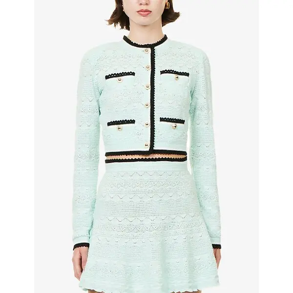 SELF-PORTRAIT Contrast-trim Pointelle Cotton-knit Cardigan