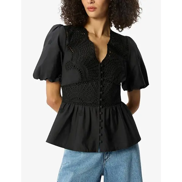 Whistles Broderie V-neck Puff-sleeve Cotton Blouse