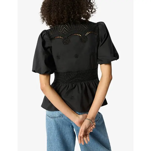 Whistles Broderie V-neck Puff-sleeve Cotton Blouse