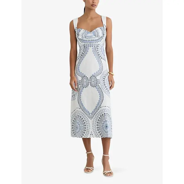 REISS Addison Floral-print Linen Midi Dress - Ivory Blue