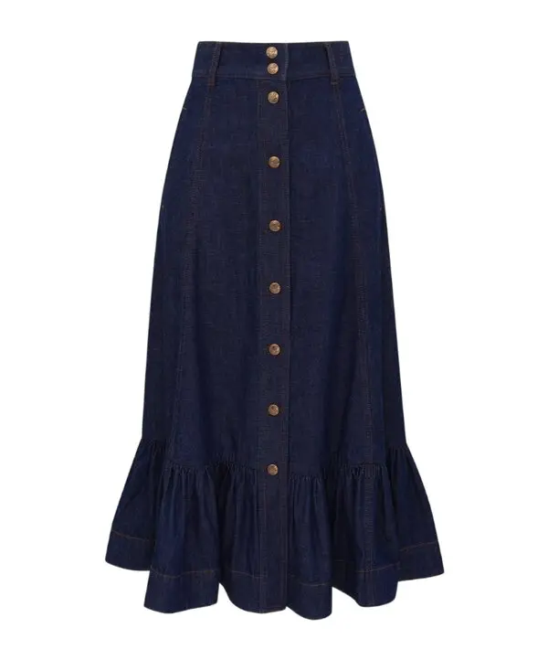 Zimmermann Aster Denim Frill Midi Skirt - Black
