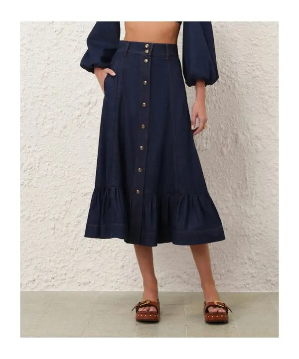 Zimmermann Aster Denim Frill Midi Skirt