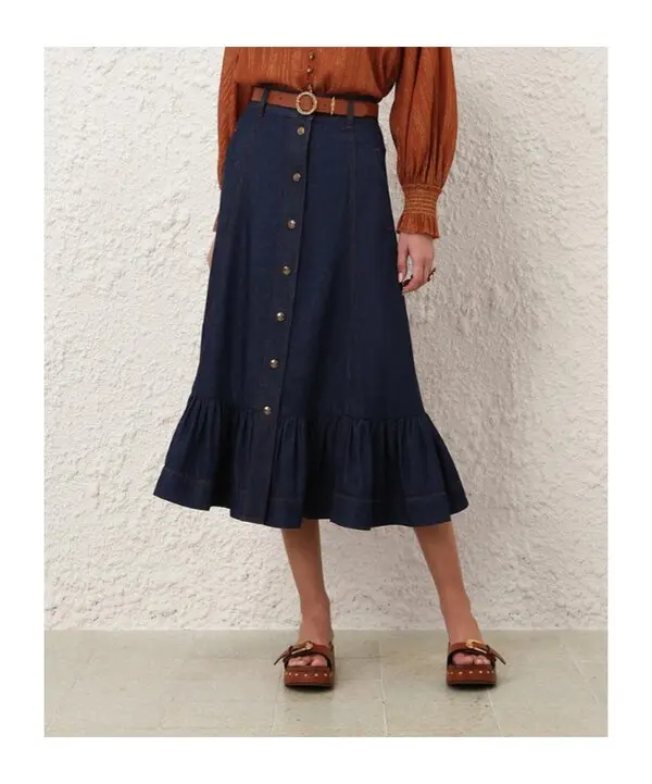 Zimmermann Aster Denim Frill Midi Skirt