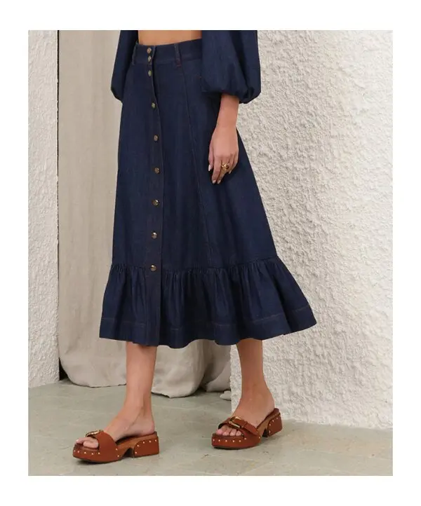 Zimmermann Aster Denim Frill Midi Skirt