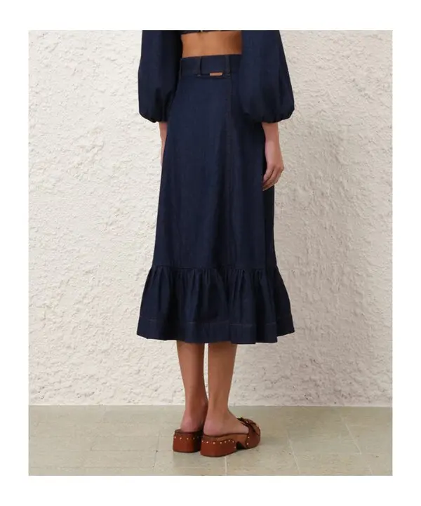 Zimmermann Aster Denim Frill Midi Skirt
