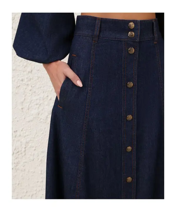 Zimmermann Aster Denim Frill Midi Skirt
