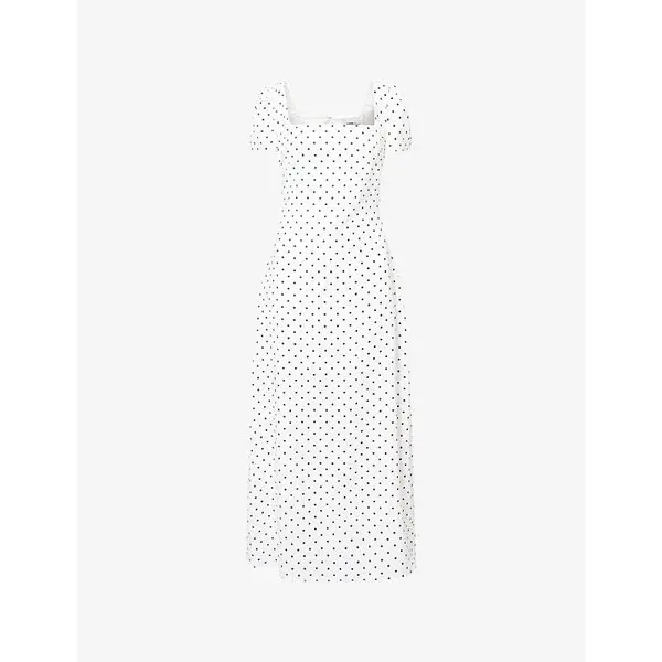 Oddmuse Square-neck Polka-dots Woven Midi Dress - White Polka Dot