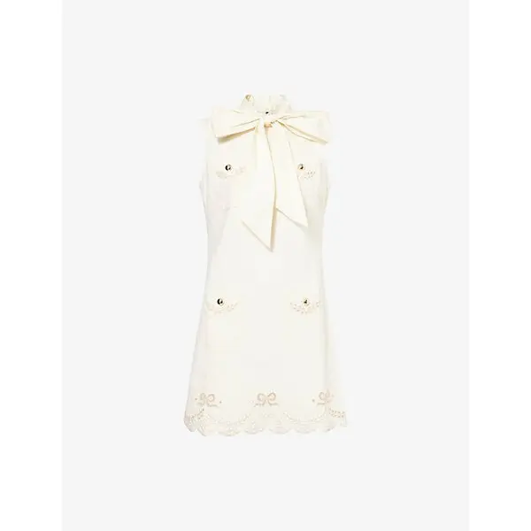 SELF-PORTRAIT Broderie Embroidered Denim Mini Dress - Ecru