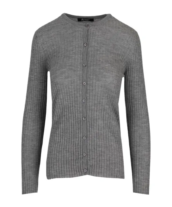 Lela Rose Ribbed Crew Neck Cardigan - Gray