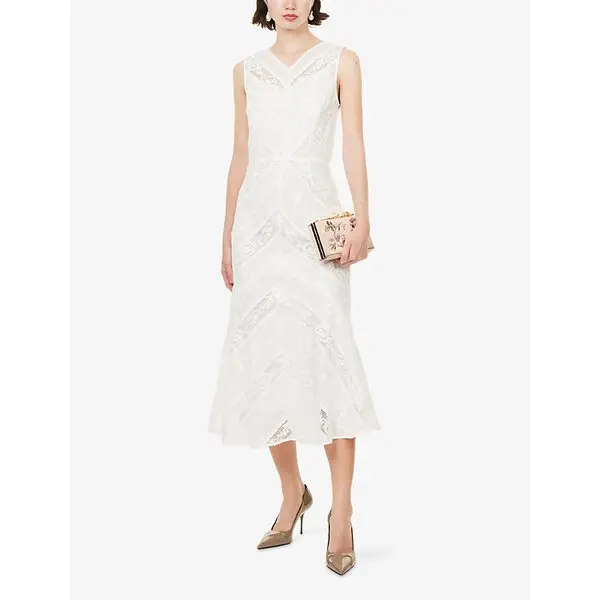 SELF-PORTRAIT Lace-insert Floral-embroidered Ramie Midi Dress