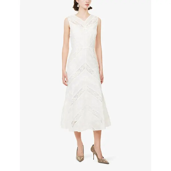 SELF-PORTRAIT Lace-insert Floral-embroidered Ramie Midi Dress