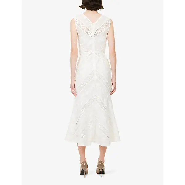 SELF-PORTRAIT Lace-insert Floral-embroidered Ramie Midi Dress