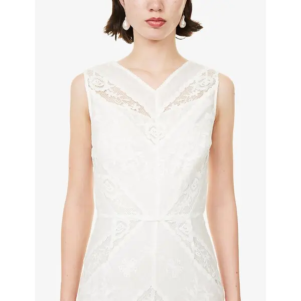 SELF-PORTRAIT Lace-insert Floral-embroidered Ramie Midi Dress
