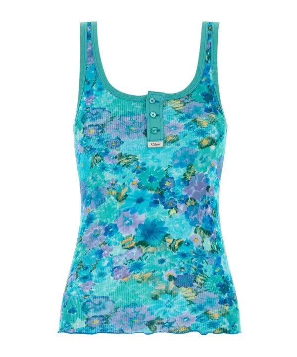 Chloé Floral-print Ribbed Tank Top - Blue