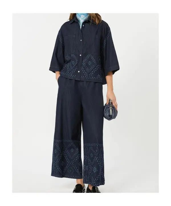Max Mara Belted Wide-leg Pants With Embroidered Hem