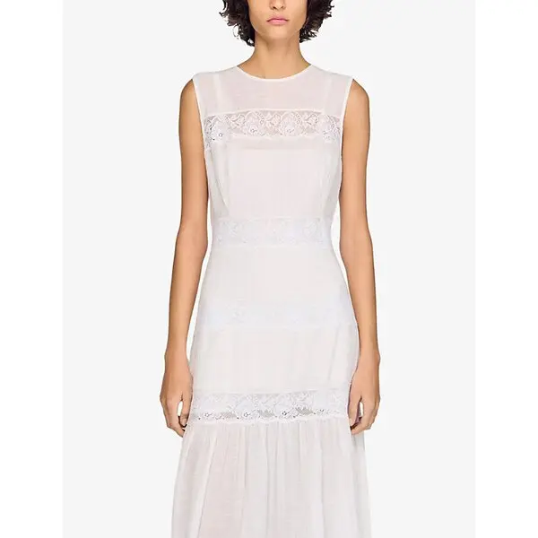 Sandro Sleeveless Lace Detail Linen-blend Maxi Dress