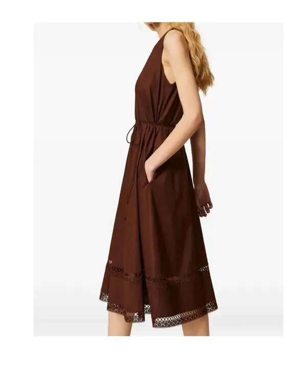 TWINSET V-neck Sleeveless Midi Dress With Waist Tie And Embroidered Details