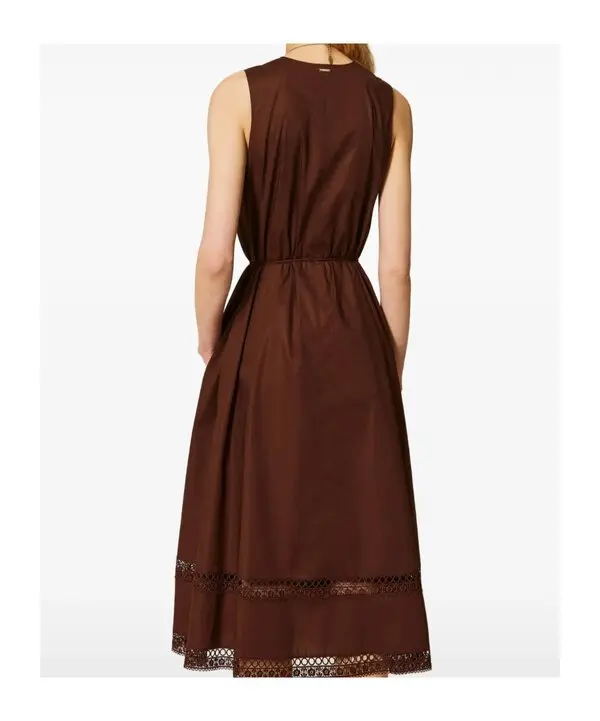 TWINSET V-neck Sleeveless Midi Dress With Waist Tie And Embroidered Details