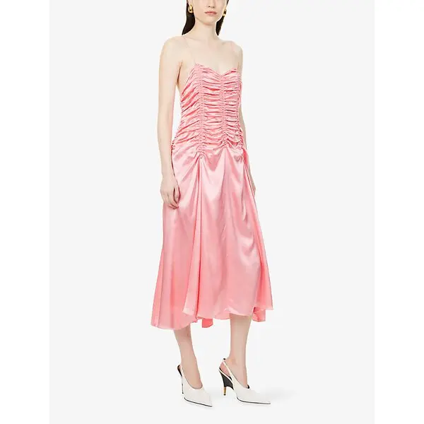 Khaite Raina Ruched Silk Midi Dress - Azalea