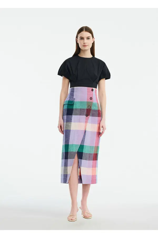Lela Rose Plaid Linen Asymmetrical Skirt - Purple