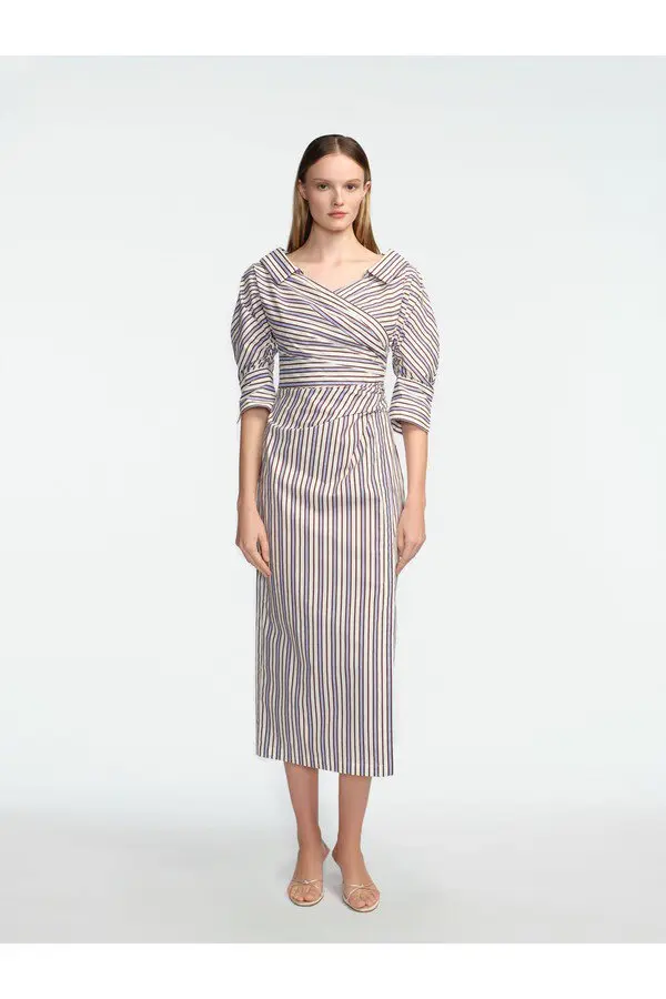 Lela Rose Striped Cotton Asymmetrical Shirt Dress - Multicolor / Neutral