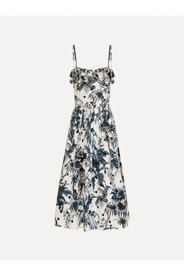 Oscar De La Renta Sleeveless Palm Leaves Print Cotton Poplin Dress - Red
