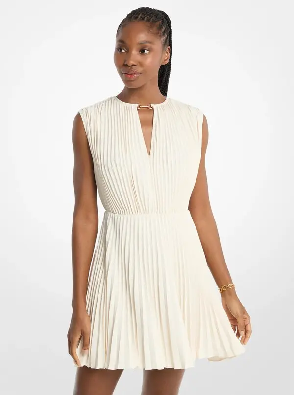 Michael Kors Pleated Satin Back Crepe Mini Dress - Natural