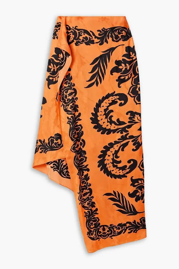 Etro Asymmetric Printed Satinjacquard Midi Skirt - Orange