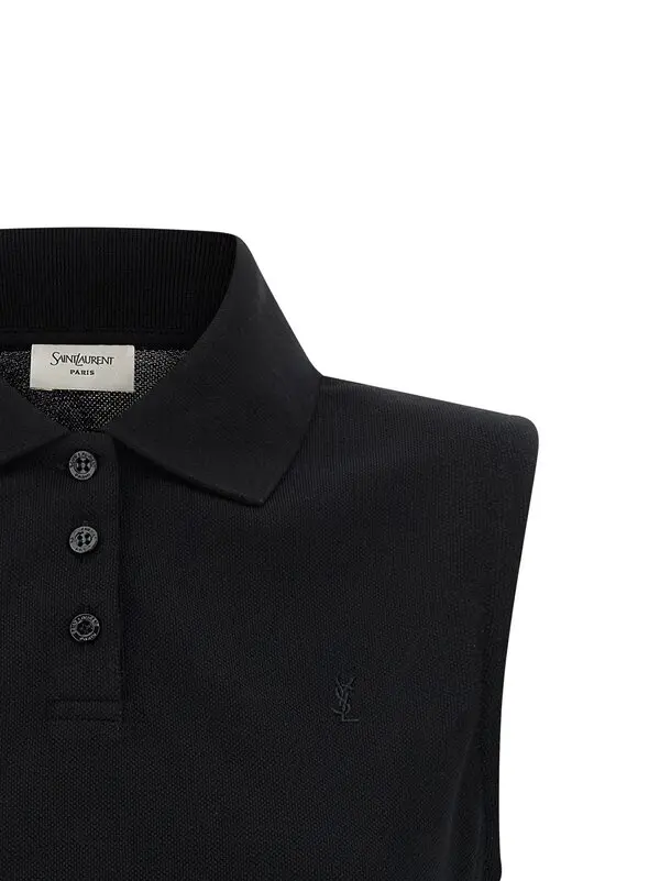 Saint Laurent Cassandre Embroidered Sleeveless Cropped Polo Shirt - Black