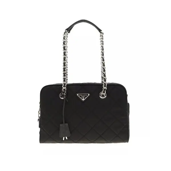 Prada Quilted Nylon Shoulder Bag With Chain Straps - Black