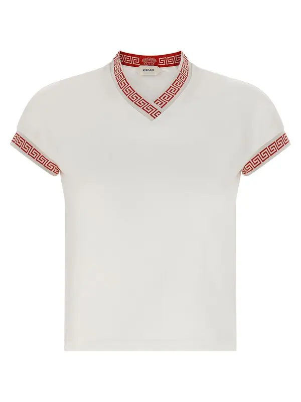 Versace Greca And Medusa Jacquard Trim V-neck T-shirt - Red