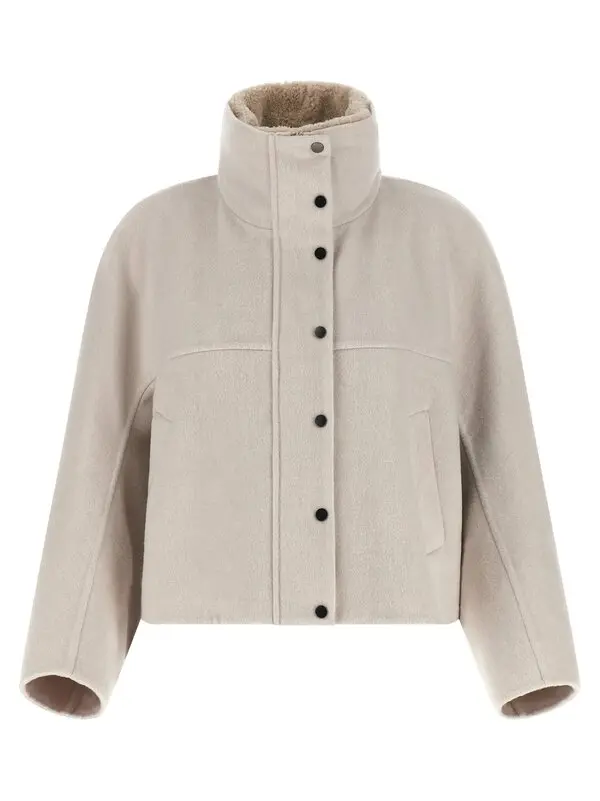 Brunello Cucinelli Cropped Virgin Wool And Cashmere Blend Coat With Shearling Collar - Gray