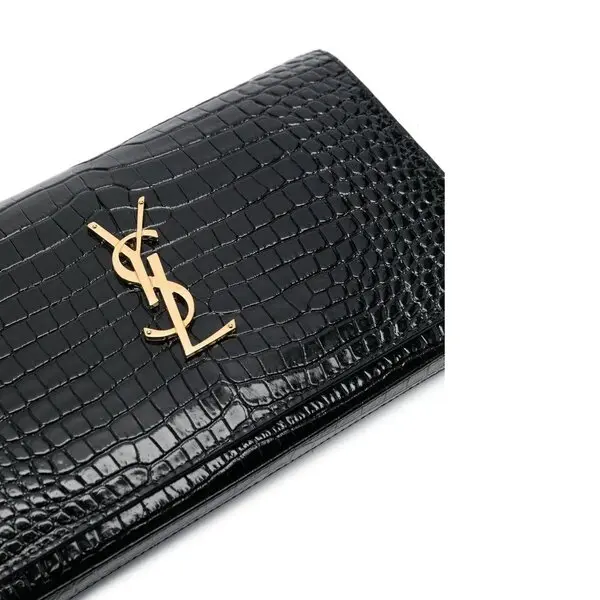 Saint Laurent Cassandre Croc Embossed Leather Chain Wallet